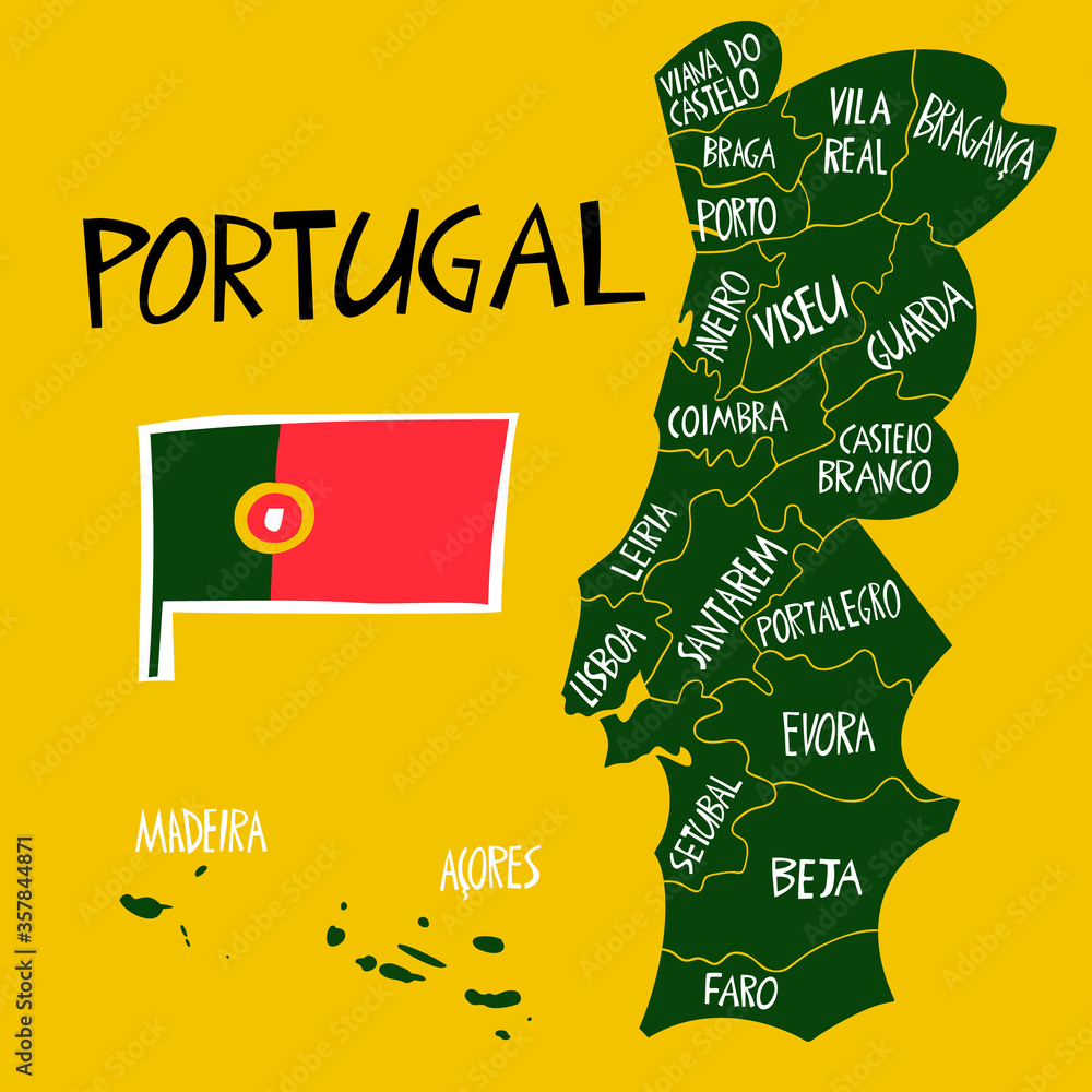Vector hand drawn stylized map of Portugal. Travel illustration of ...