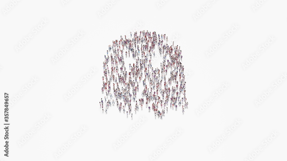 3d rendering of crowd of people in shape of symbol of ghost on white ...