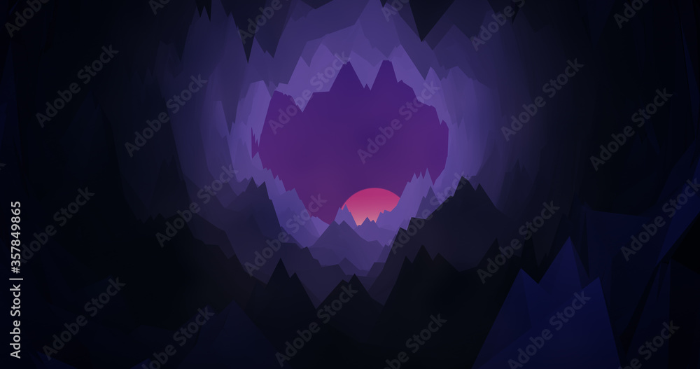 Retro pop 80s abstract purple cave background with sunset. Low poly ...