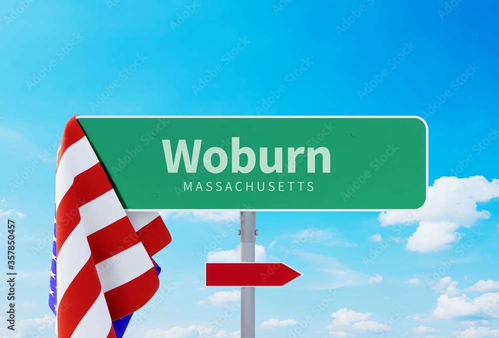 Woburn – Massachusetts. Road or Town Sign. Flag of the united states ...