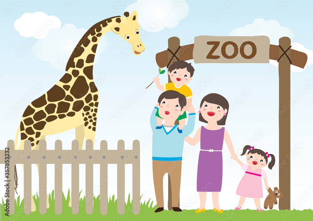Happy Family Visiting Zoo, Giraffe Family Having Fun Time Visiting Zoo ...