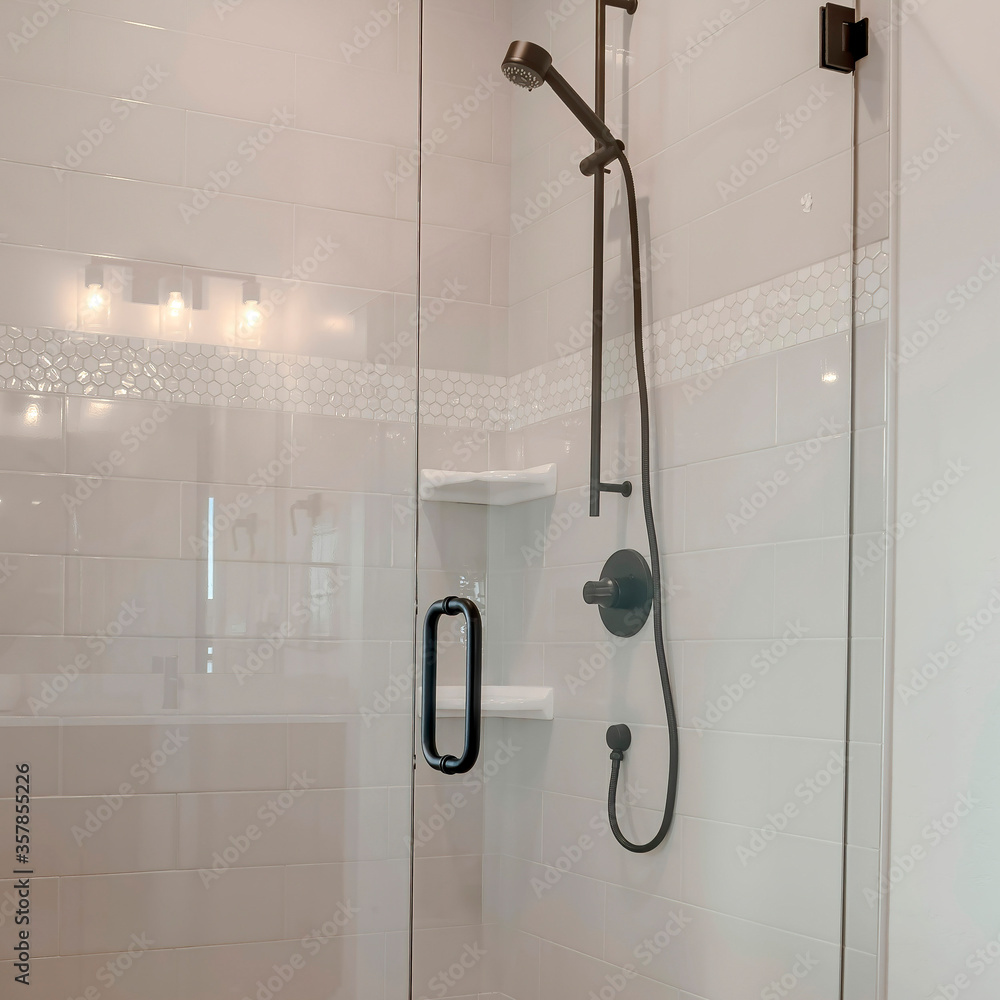 Square frame Bathroom shower stall with half glass enclosure adjacent ...