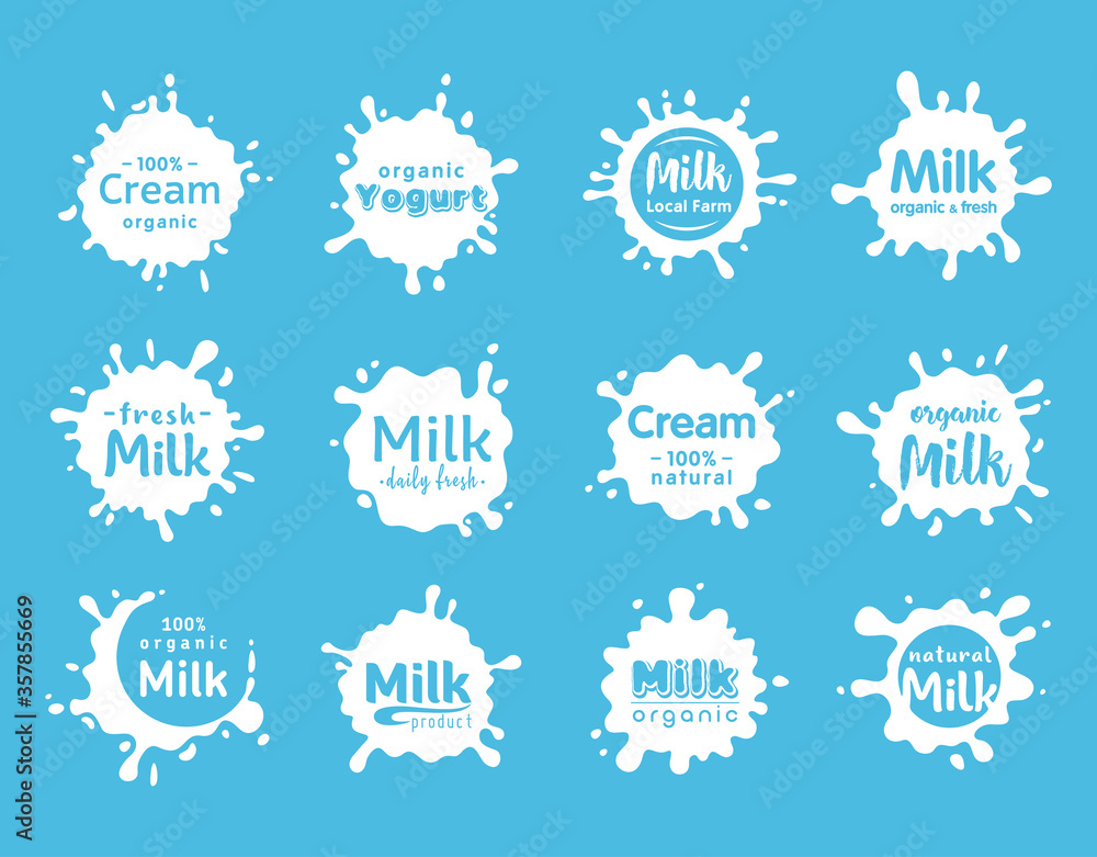 Vector set of dairy and milk product logos, emblem, icon, label with ...