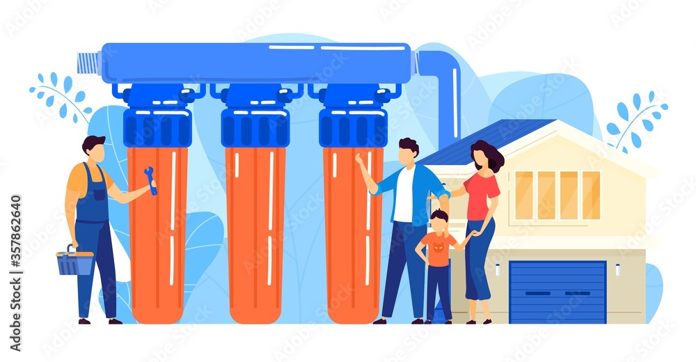Water filter installation vector illustration. Cartoon flat tiny ...