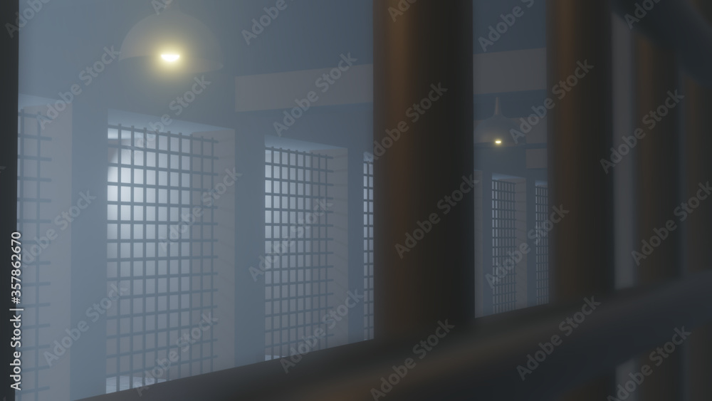 ภาพประกอบสต็อก Camera walk in prison. Surrounded by prison cells ...