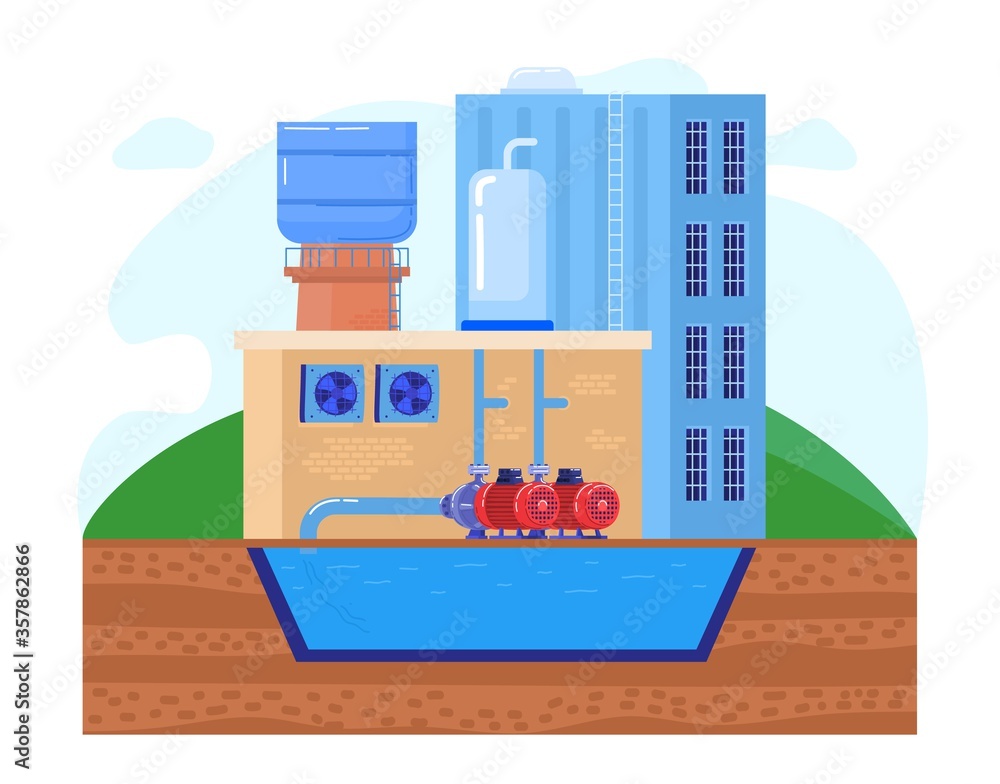 Water pump station in industrial factory vector illustration. Cartoon ...