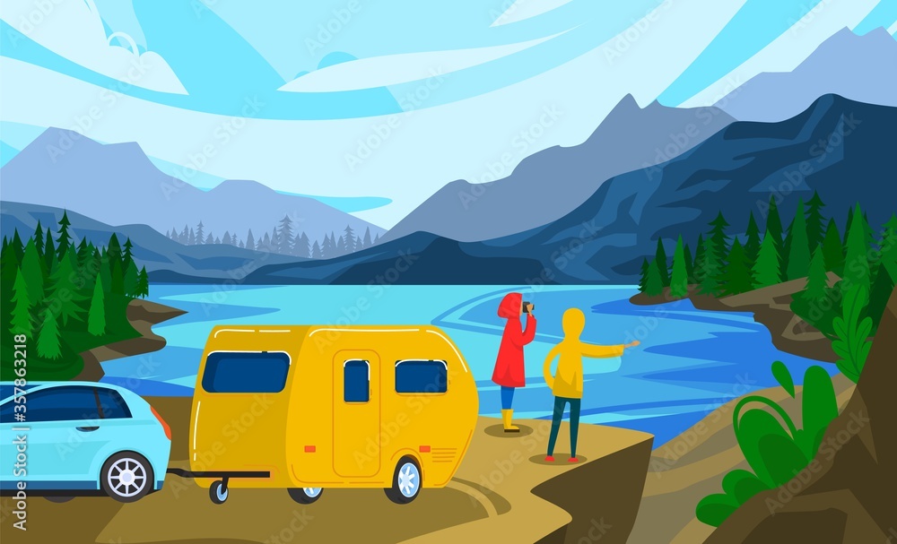 People travel in trailer vector illustration. Cartoon flat man woman ...
