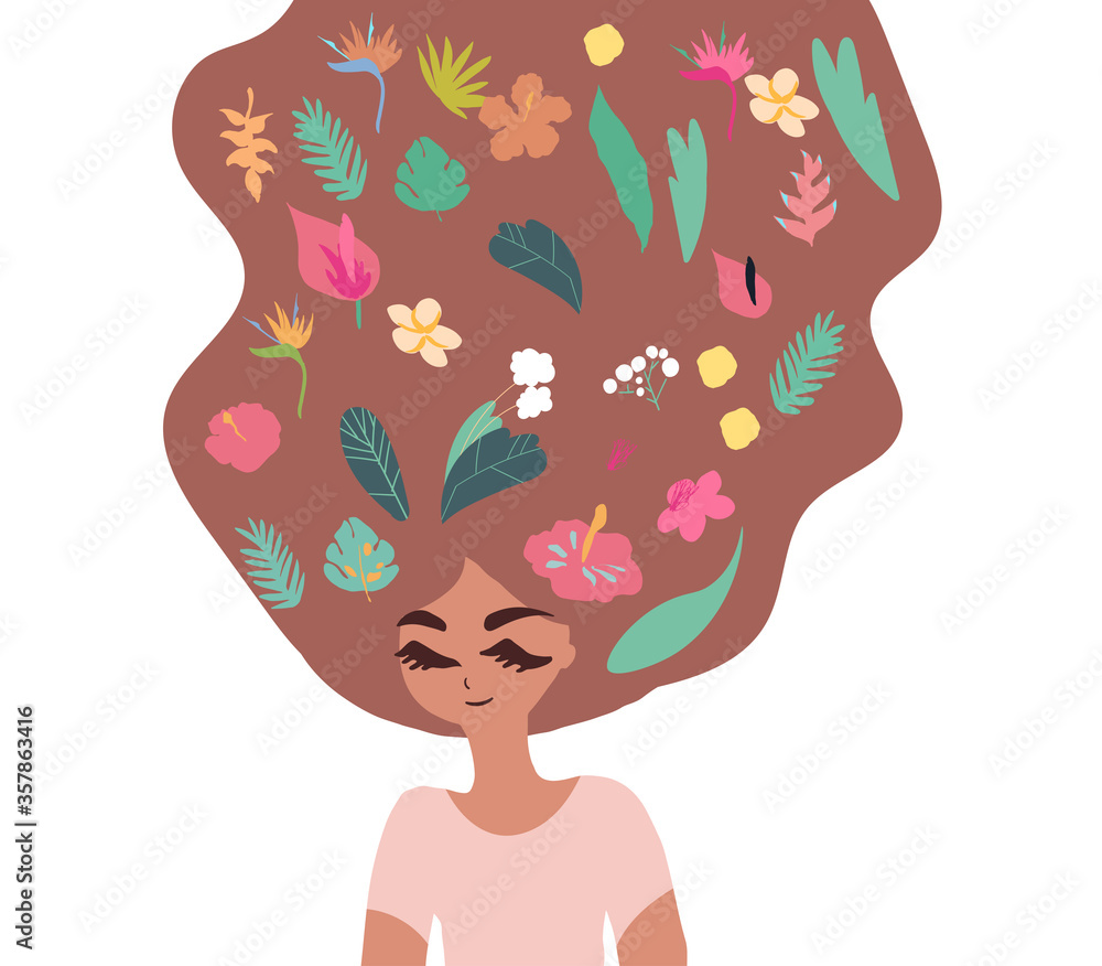 Cartoon woman character with hair flowing upwards filled with various ...