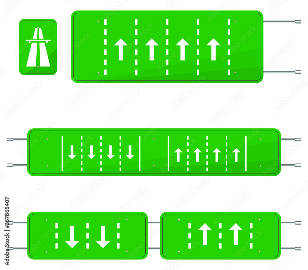 Green traffic signs. Traffic sign for fast roads, with several lanes ...