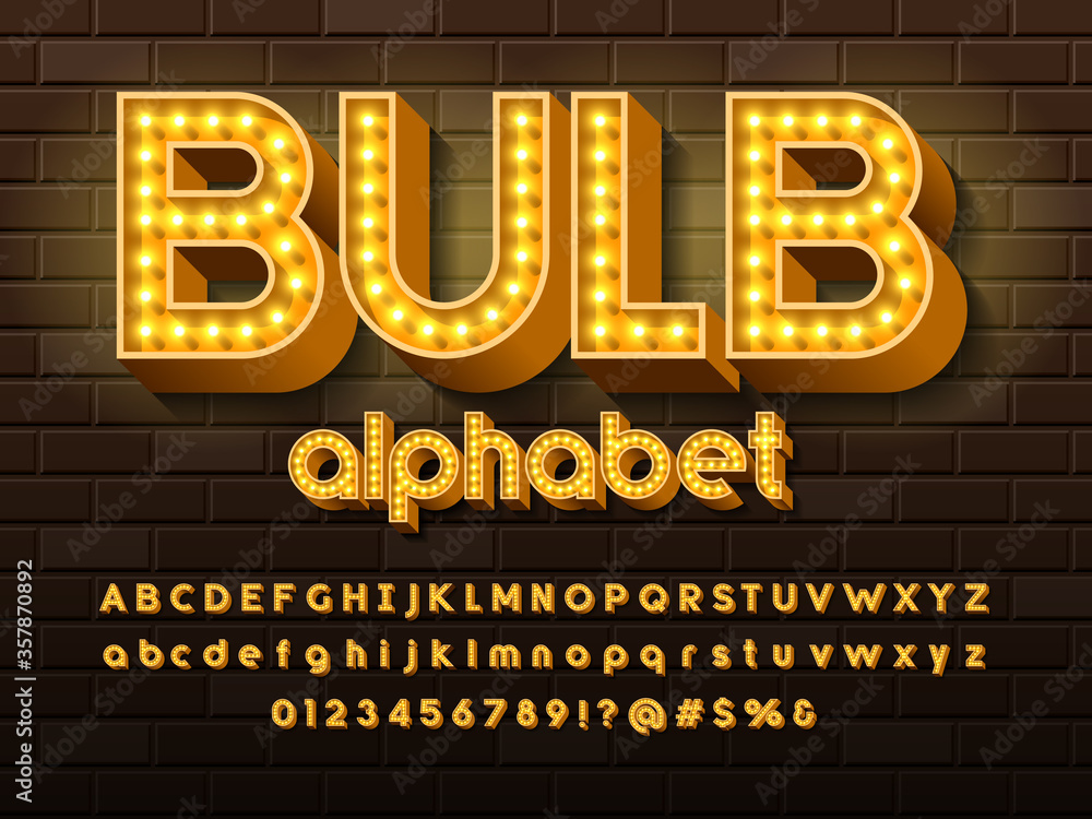 light bulb style alphabet design with uppercase, lowercase, numbers and ...
