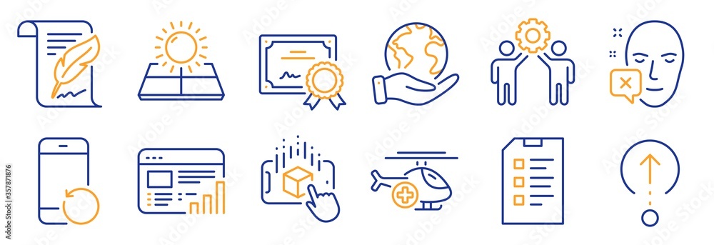 Set of Science icons, such as Feather, Employees teamwork. Certificate ...