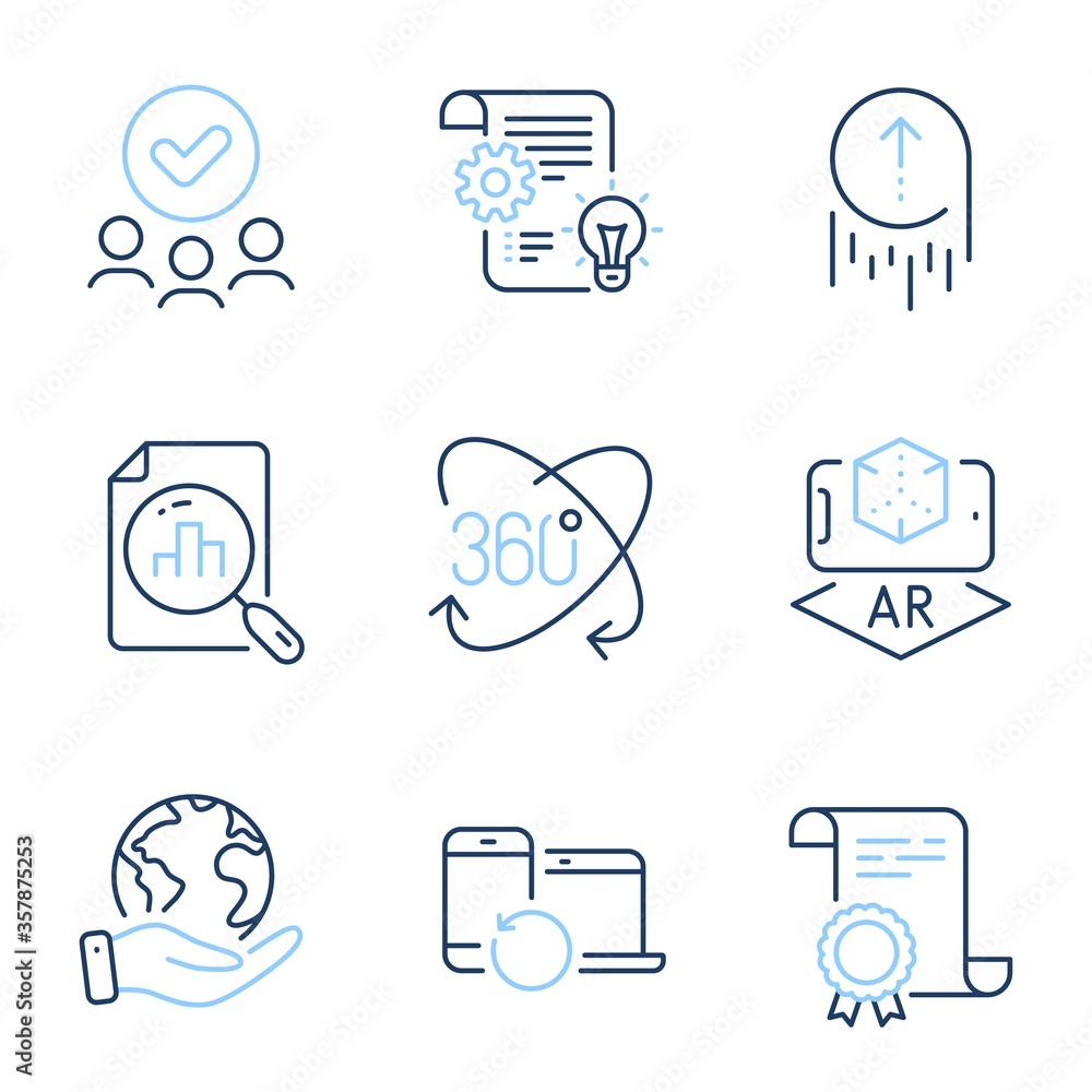Augmented reality, Swipe up and Analytics graph line icons set. Diploma certificate, save planet ...