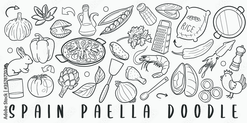 Paella Spanish Food Doodle Line Art Illustration. Hand Drawn Vector ...