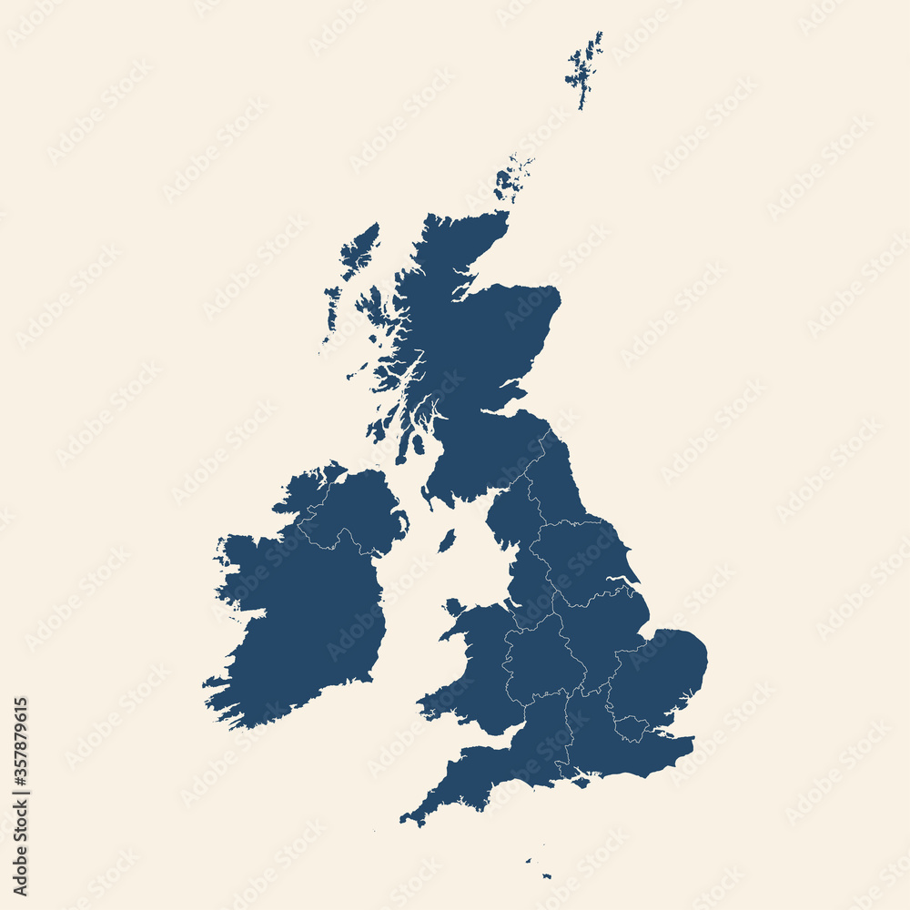 Modern design United kingdom detailed political map. Cyan blue, cream ...