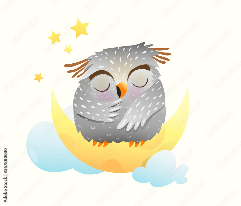 Cute owl sleeping sitting on the moon and night starry sky, baby bird ...