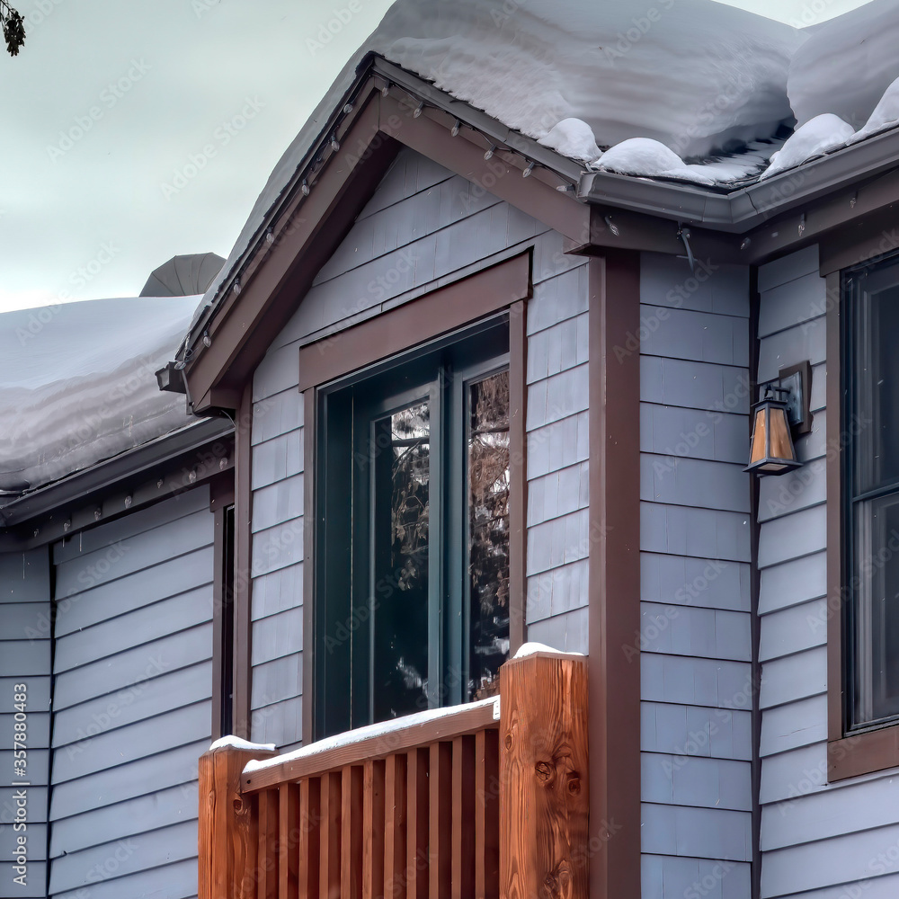 Square Box bay window of home with gable roof sliding door and wooden ...