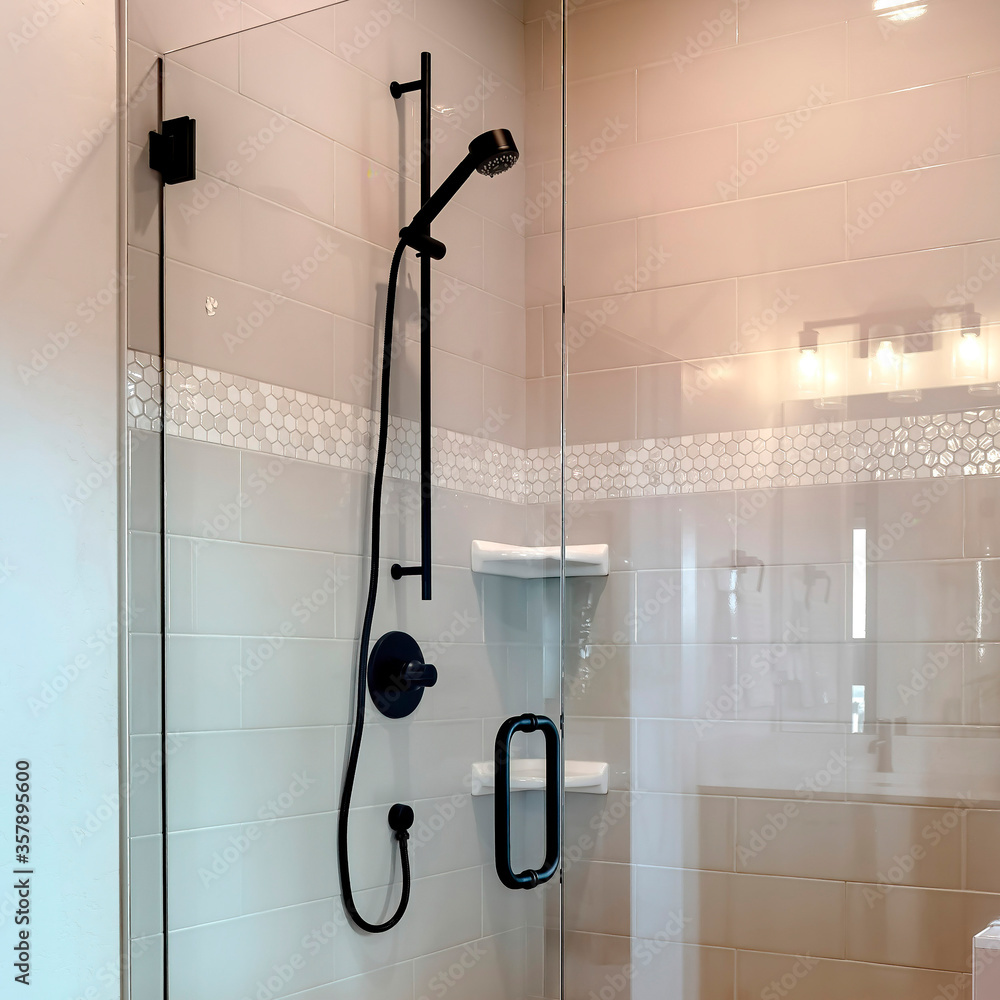 Square frame Shower stall with half glass enclosure and black shower ...