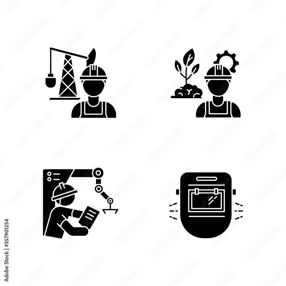 Engineer job black glyph icons set on white space. Petroleum extraction ...