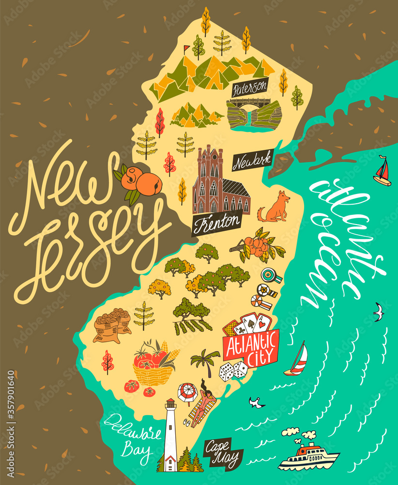 Illustrated map of New Jersey, USA. Travel and attractions vector de ...