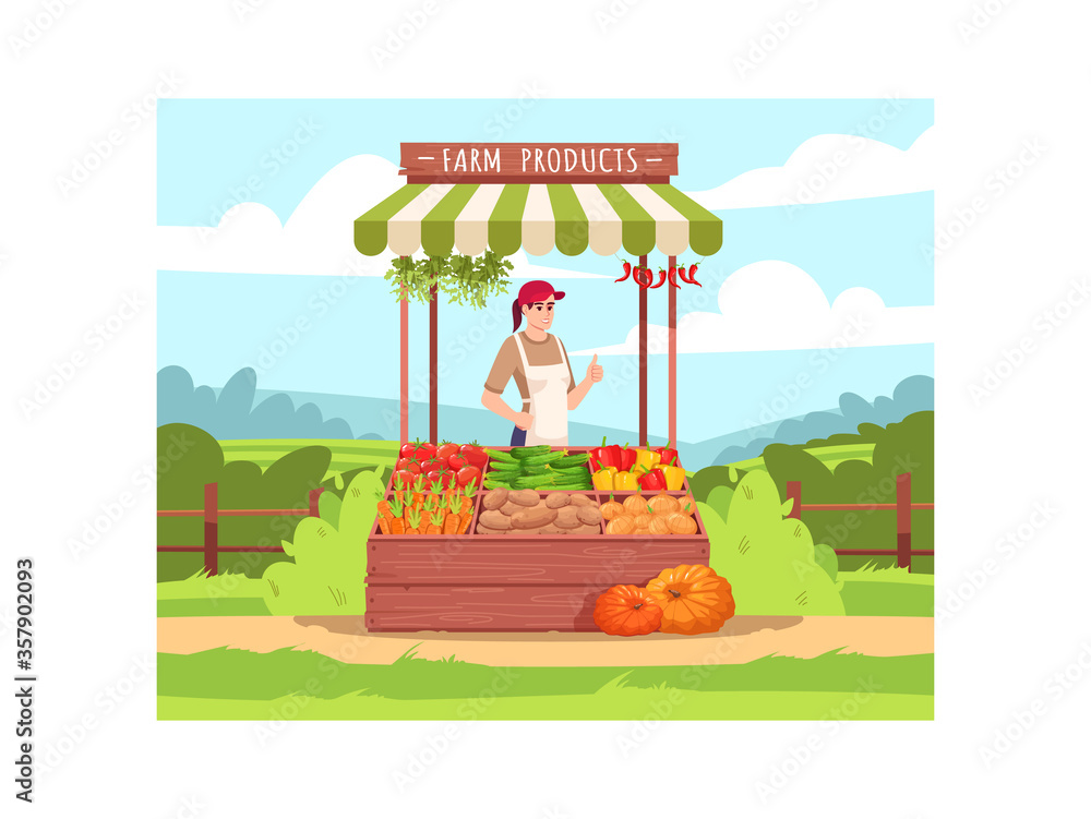 Female farmer sell eco products semi flat vector illustration. County ...