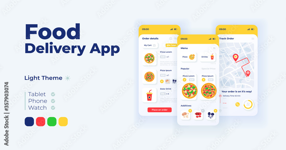 Food delivery cartoon smartphone interface vector templates set. Mobile ...