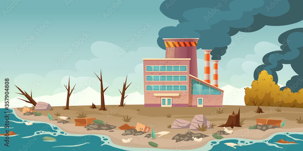 Ecology pollution, factory pipes emitting smoke and make dirty air ...