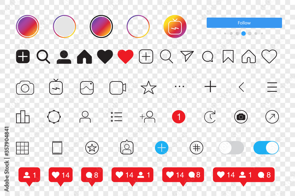 Set of social media icons inspired by Instagram: like, follower ...