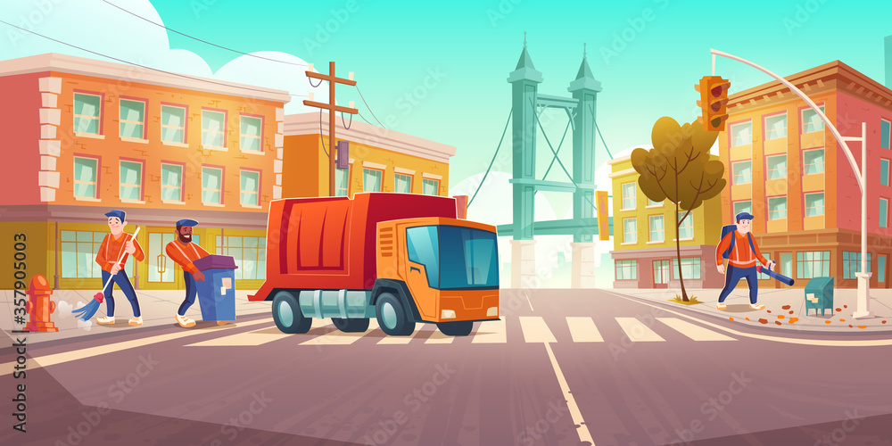 Street cleaning with garbage truck and sweeper characters in city ...