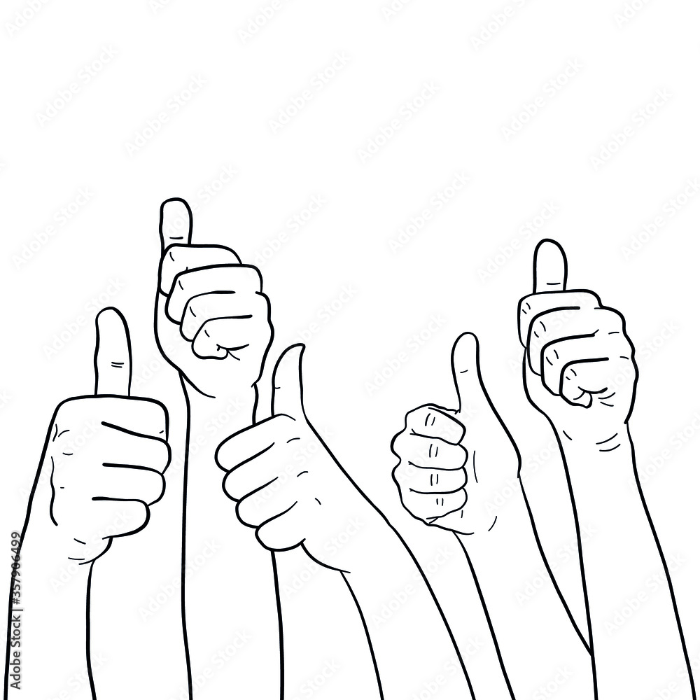 monochrome comic drawing of many thumbs that are held up in the air ...