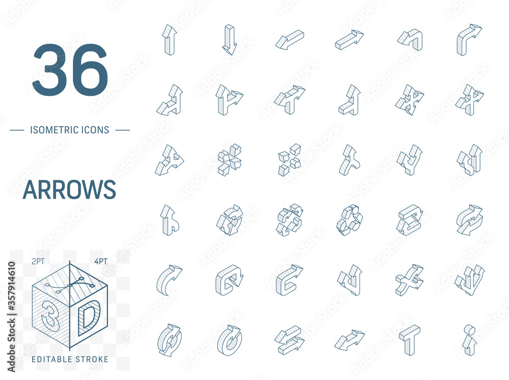 Isometric line art icon set. Vector illustration with arrows, direction ...