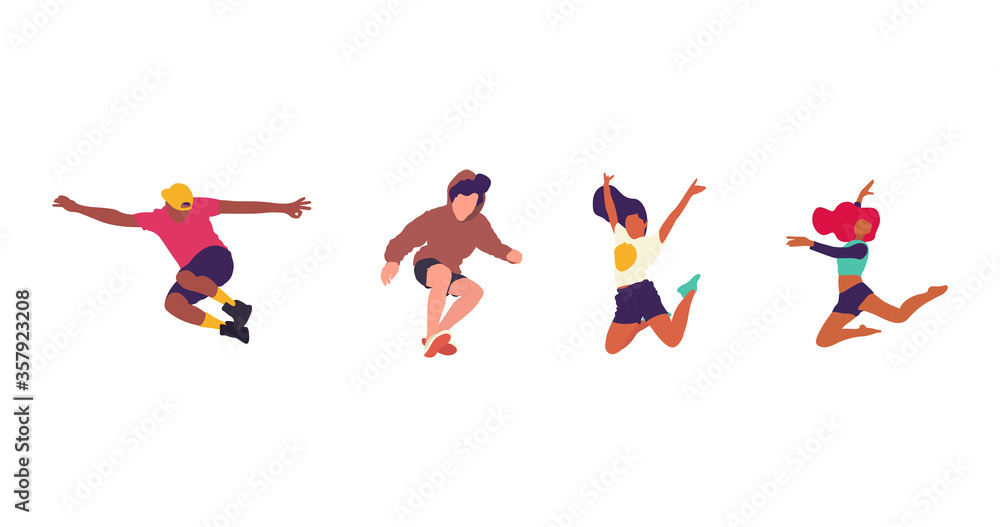 Happy jumping people flat vector illustration. Cheerful corporate ...