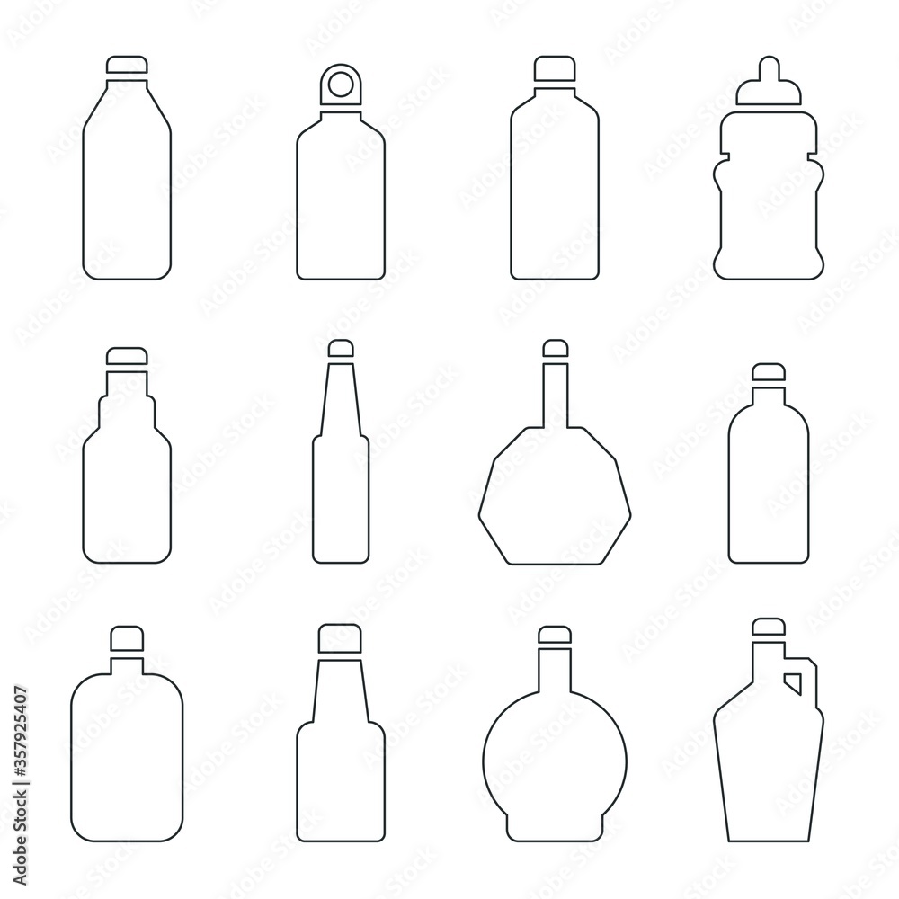 Various glass outline bottle icon set. Thin line silhouette. Stock ...