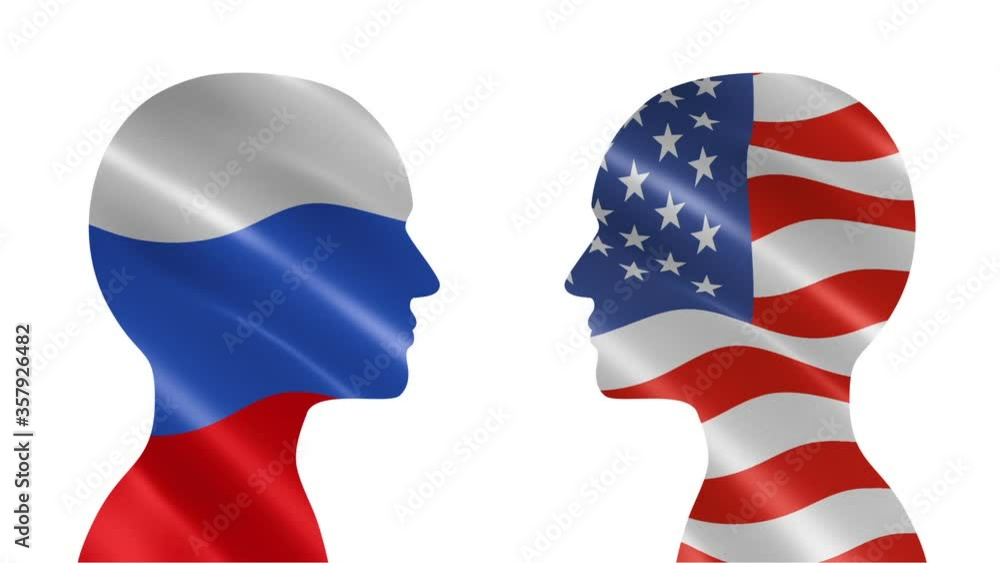 Silhouettes of talking Russian and USA people on white. Dialogue ...