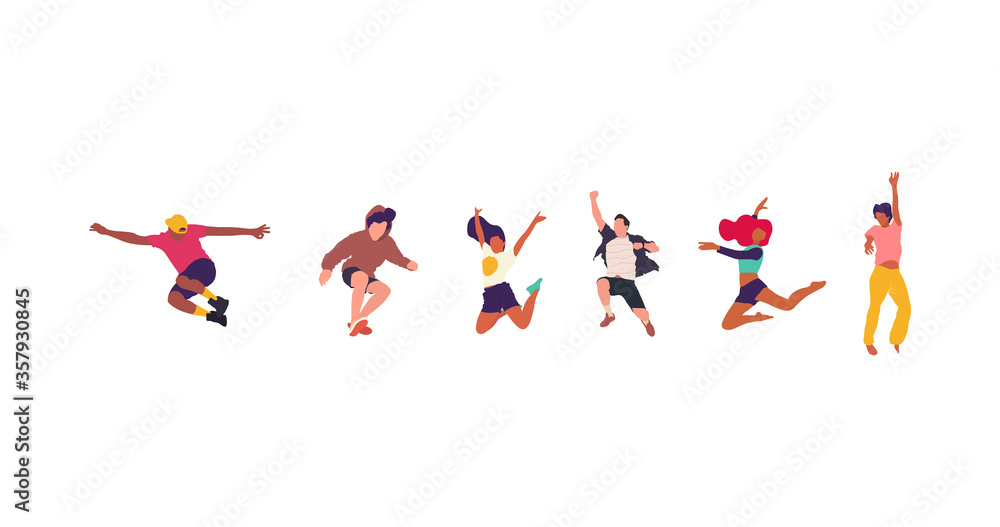Happy jumping people flat vector illustration. Cheerful corporate ...