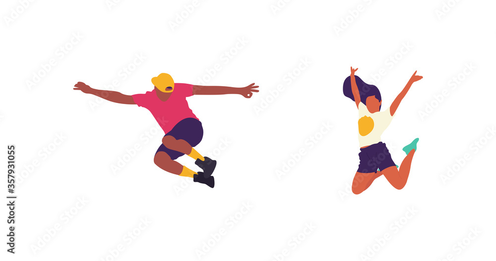 Happy jumping people flat vector illustration. Cheerful corporate ...