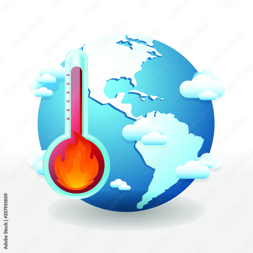 Climate change world. Earth globe with clouds. Hot thermometer ...