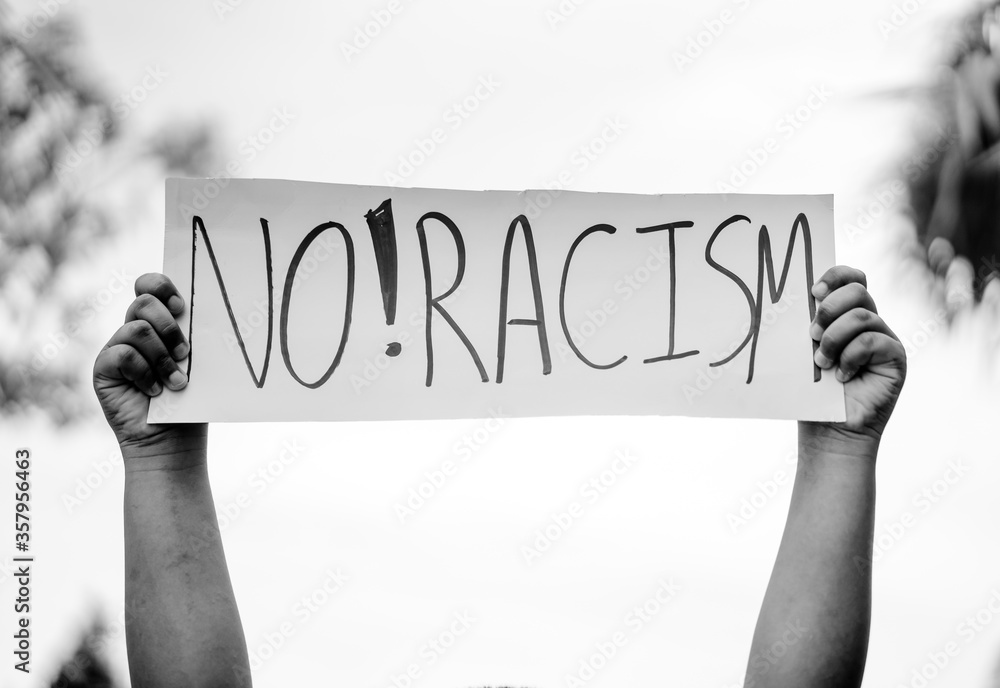 No racism End racism.Crowd of protesters people on street.black african ...