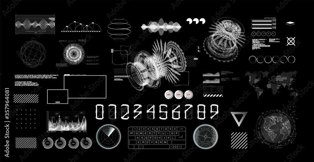 HUD Futuristic User Interface set. Black and white Hi-tech graphics ...