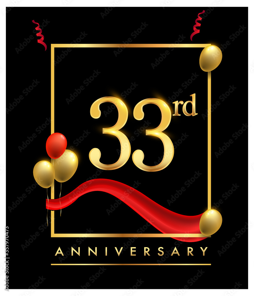 33rd anniversary logo with red ribbon and confetti golden colored ...