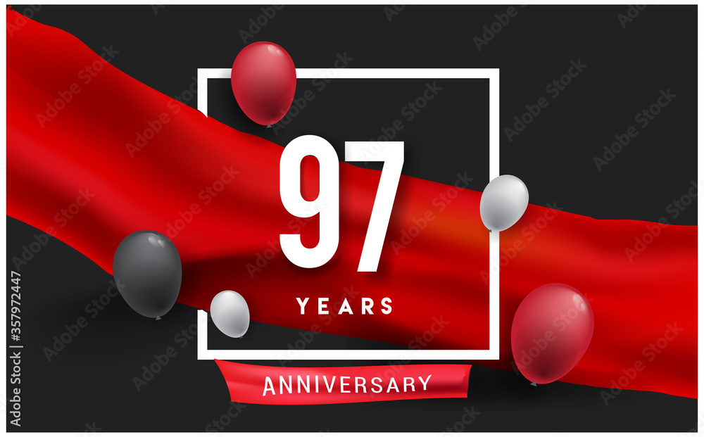 97th years Anniversary celebration logo, isolated on red ribbon and ...