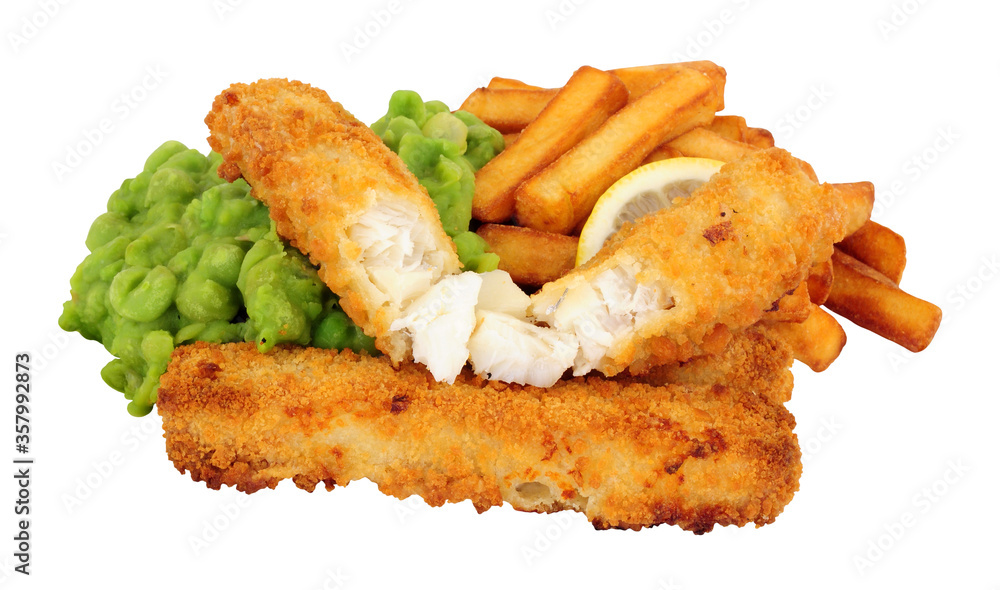 Jumbo breadcrumb covered cod fish fingers and chips meal with mushy ...