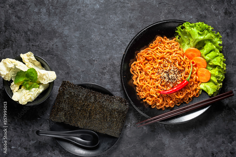 Korean hot spicy chicken flavor ramen instant noodles, stir fried ...