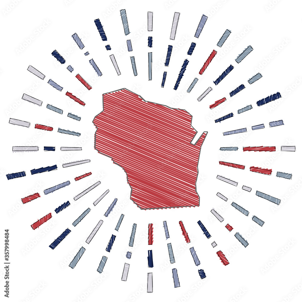 Sketch map of Wisconsin. Sunburst around the us state in flag colors ...