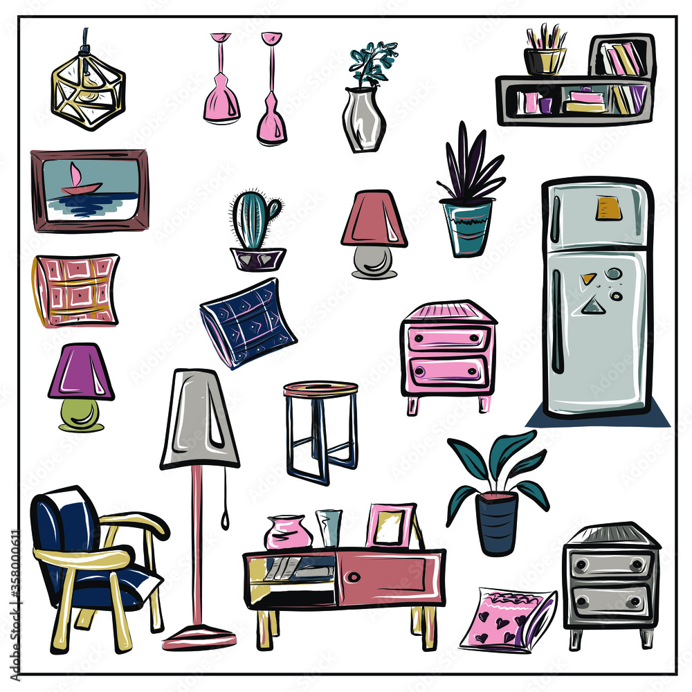 Vector set of isolated images of furniture and household items on a ...