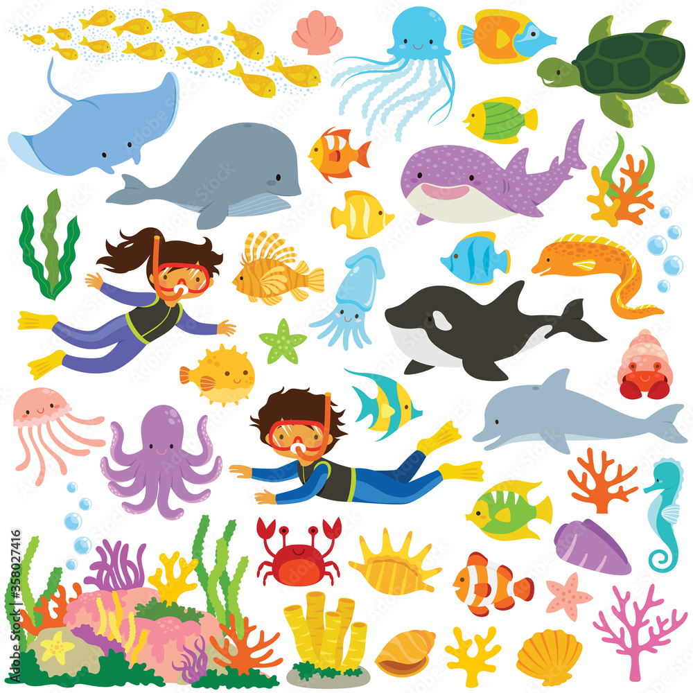 Sea animals clipart set. Big collection of cartoon cute sea creatures ...