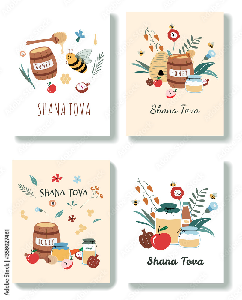 Set of Rosh Hashanah greeting cards. Jewish New Year Holiday postcards ...