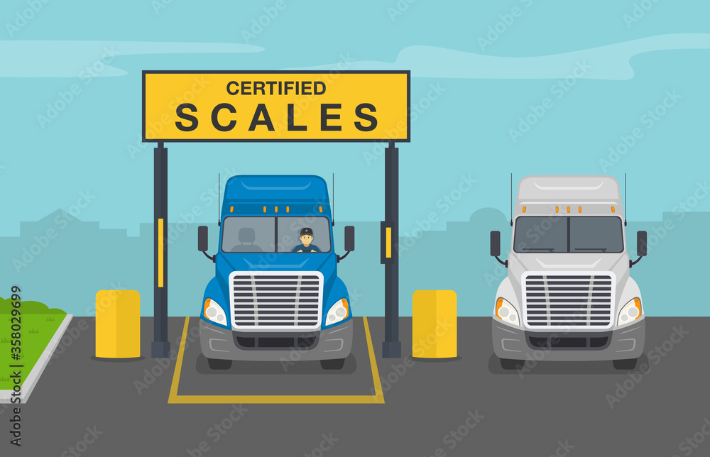 Trucks at weigh station. Board truck scales system. Front view. Flat ...