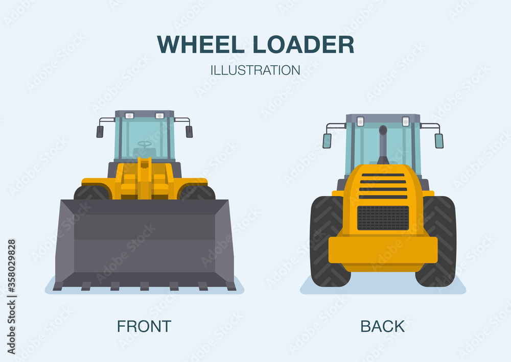 Isolated wheel loader truck. Front and back view. Flat vector ...