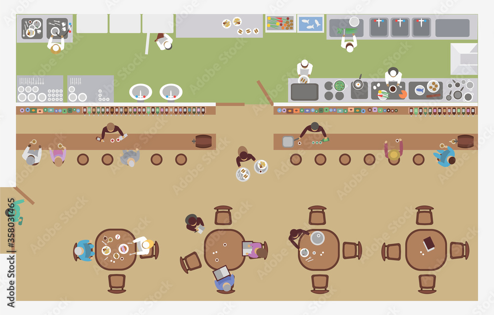 Vector illustration. Cafe top view. The restaurant hall, bar, kitchen ...