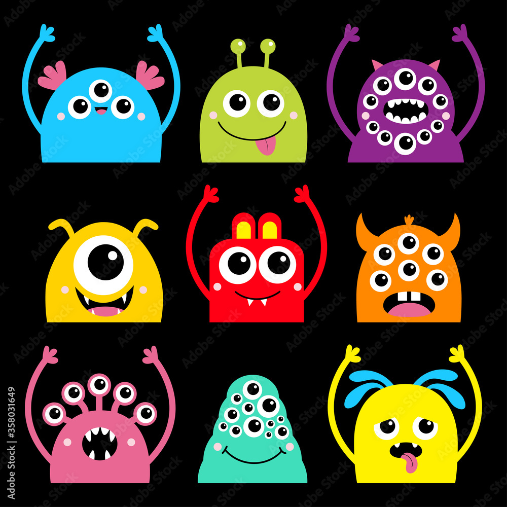 Monster head face icon set. Happy Halloween. Cute cartoon kawaii ...